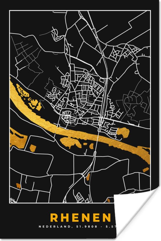 Poster Rhenen - Stadskaart - Black and Gold - Kaart - Plattegrond ...