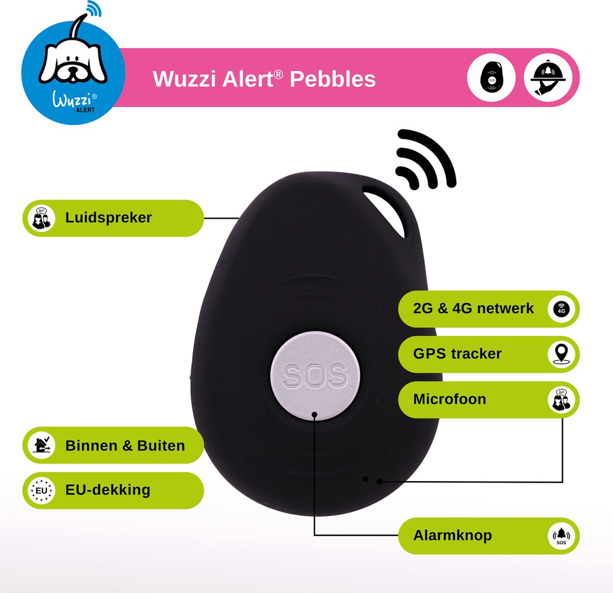 Wuzzi Alert Pebbles zwart - Persoonlijk alarm voor binnen en buiten ...