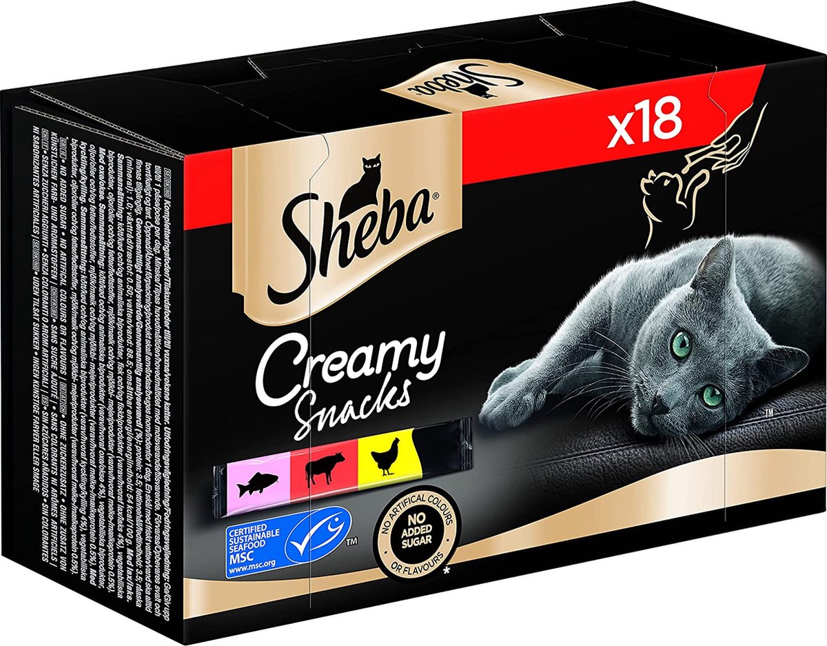Sheba Creamy Snacks - Romige kattensnoepjes met 3 smaken, elk 6 zakjes ...