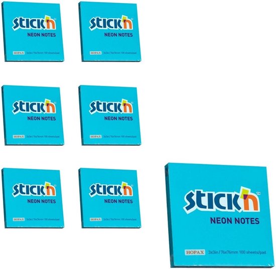 Stick'n sticky notes - 6-pack - 76x76mm - Neon Blauw - 100 memoblaadjes ...
