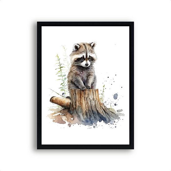 Postercity - Poster Aquarel Baby Wasbeer op Boomstronk - Waterverf ...