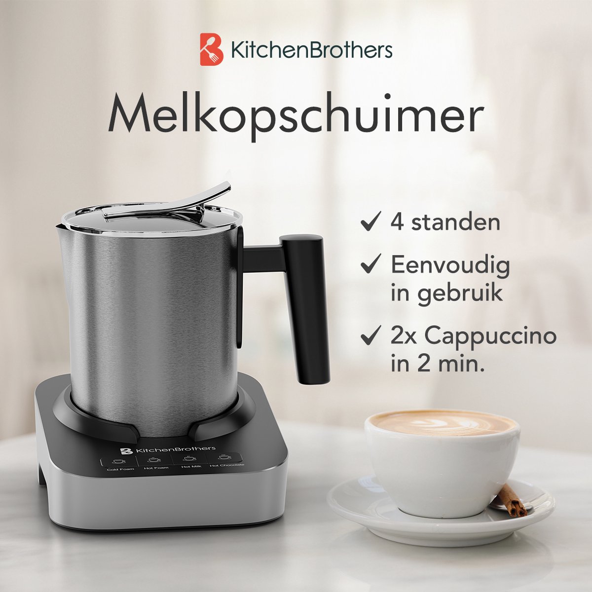 KitchenBrothers Elektrische Melkopschuimer - Vaatwasserbestendig - 4-in ...