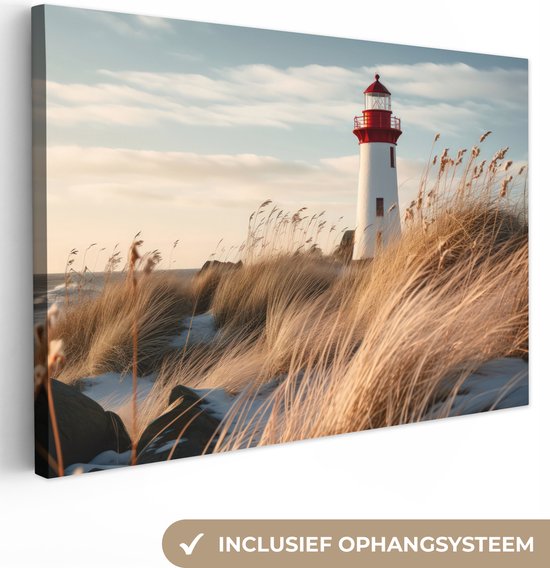 Canvas Schilderij Vuurtoren - Gras - Duinen - Zee - Natuur - Maritiem - 60x40 cm -... | bol