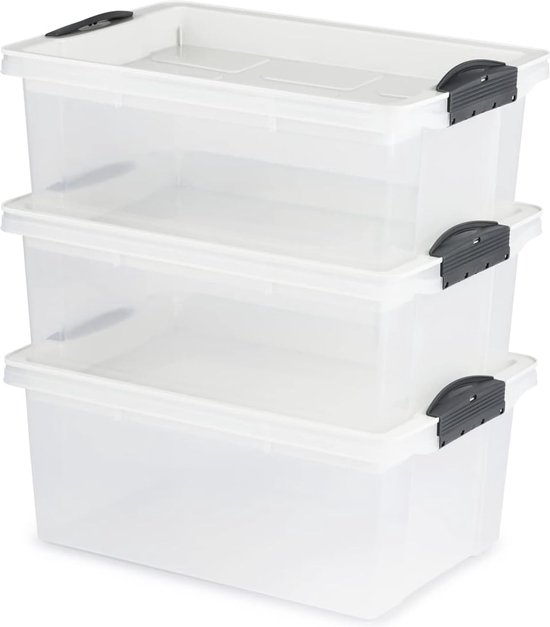 Set van 3 opbergdozen 38 l met deksel, kunststof (PP) BPA-vrij, wit ...