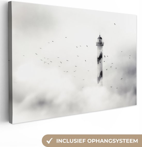 Canvas - Vuurtoren - Wolken - Vogels - Wanddecoratie - 140x90 cm - Canvas doek -... | bol
