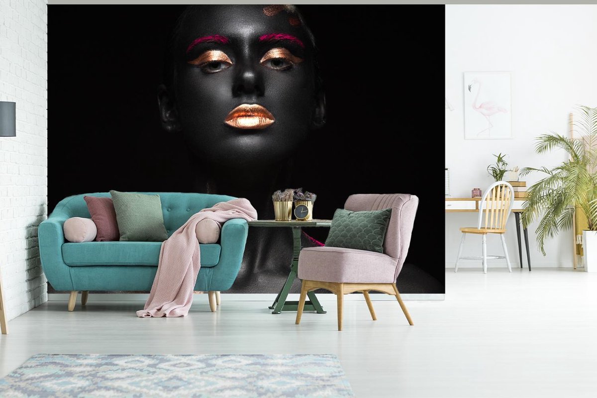 Behang - Fotobehang Vrouw - Roze - Koper - Zwart - Breedte 330 cm x ...