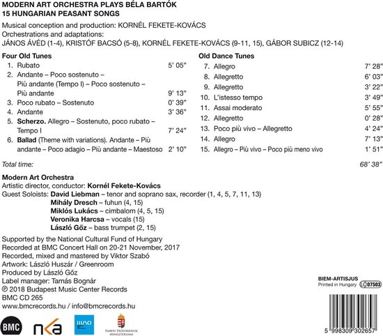 Modern Art Orchestra, Kornél Fekete-Kovács - Plays Béla Bartók. 15 Hungarian Peasant... | bol