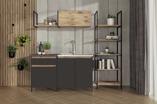 Kleine Keuken 140cm - Antraciet & Eiken - Metaal - Moderne Mini Keuken ...
