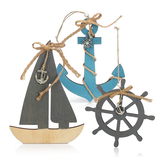 COM-FOUR® 3x hangende decoratie met boot, stuur en anker van hout ...