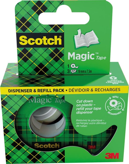 Scotch Magic Tape plakband ft 19 mm x 7,5 m, dispenser + 3 rolletjes, ophangbaar... | bol