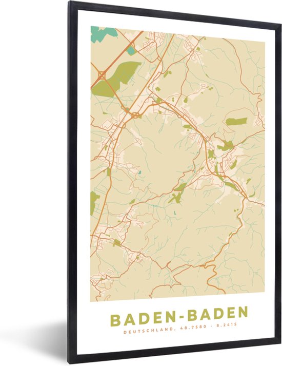 Fotolijst incl. Poster - Baden-Baden - Vintage - Plattegrond - Kaart ...