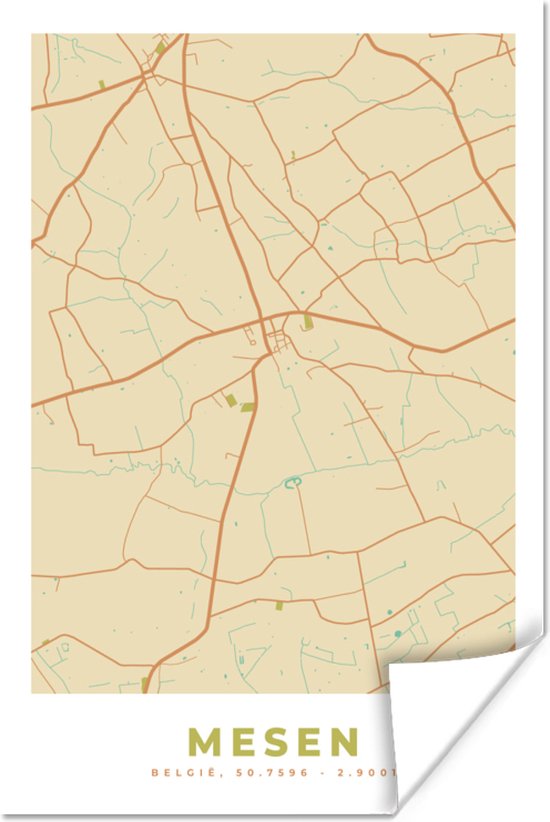 Poster Kaart - Stadskaart - Vintage - Mesen - Plattegrond - 80x120 cm | bol