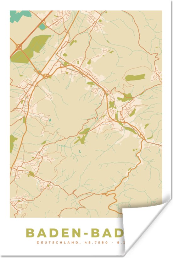 Poster Baden-Baden - Vintage - Plattegrond - Kaart - Stadskaart - 60x90 ...