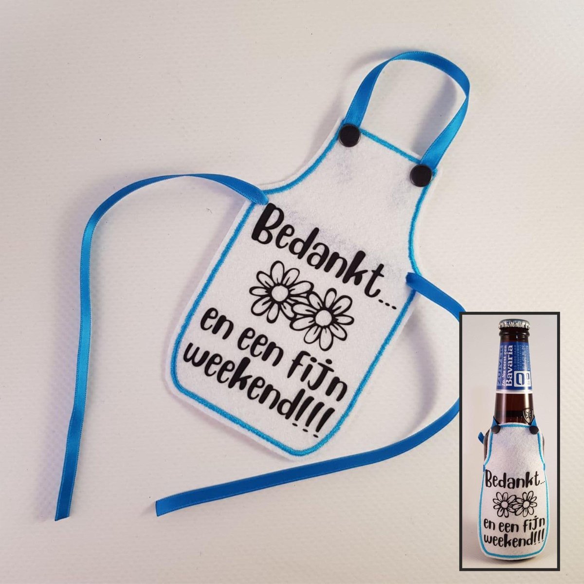 Wit schortje voor bierfles met "Bedankt... en een fijn weekend ...