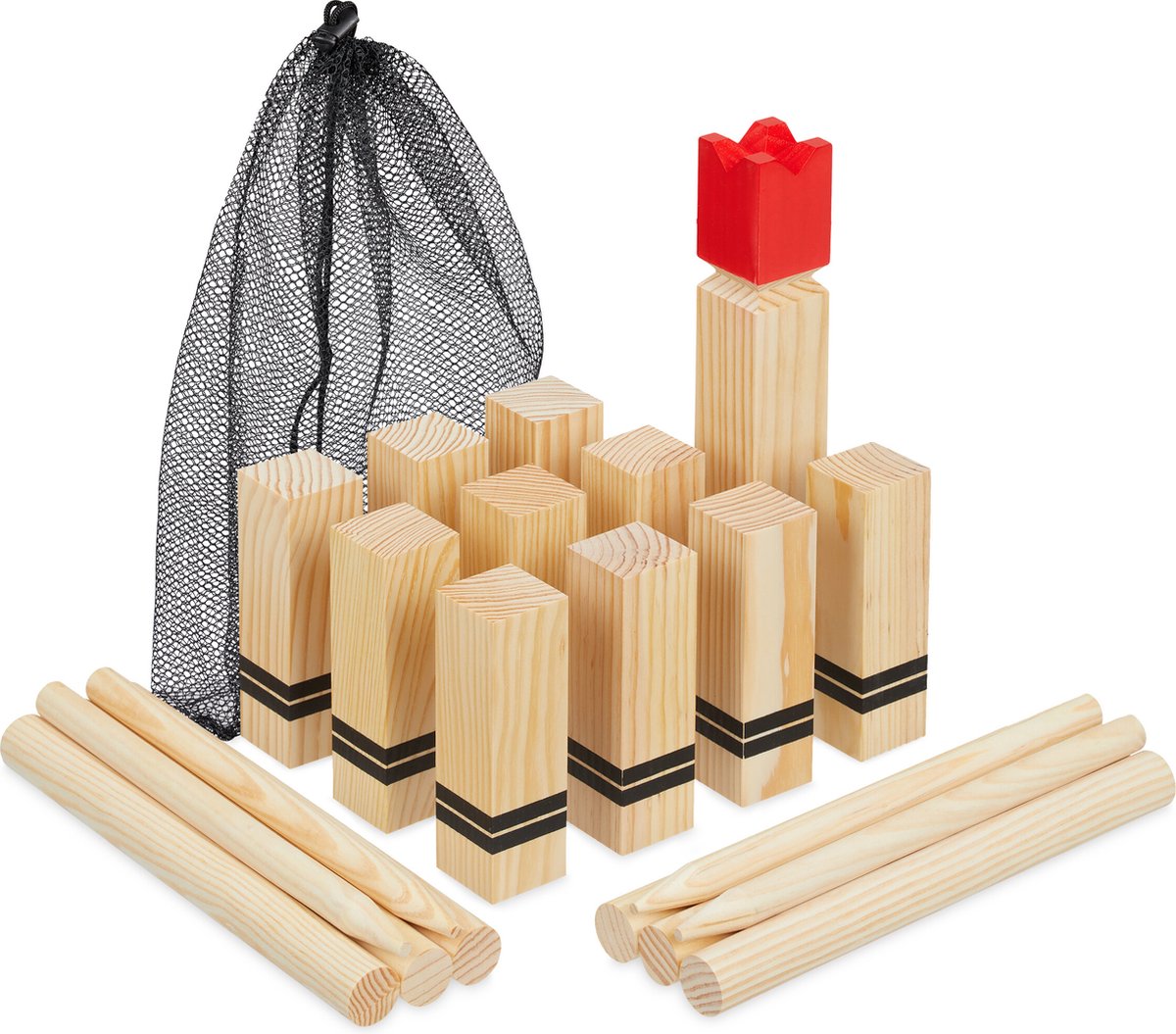 Relaxdays kubb spel - hout - 22-delige - strandspel - vikingkubb - netje - blokkenspel | bol.com