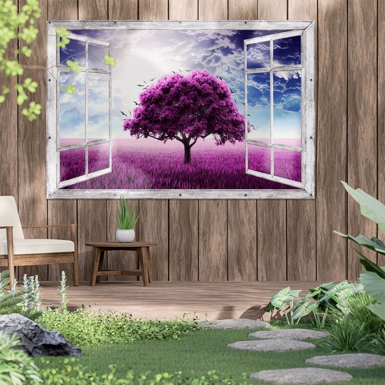 Gards Tuinposter Doorkijk Paarse Boom in het Paars Veld met Vogels ...