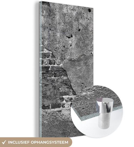 Glasschilderij zwart wit - Muur - Baksteen - Cement - Beton - Zwart ...