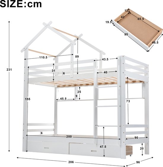 Stapelbed met laden en planken- huisbed met drie treden rechthoekige ...