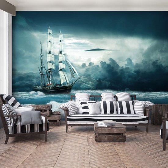 Fotobehang - Vlies Behang - Boot in de Woeste Zee - 254 x 184 cm | bol.com