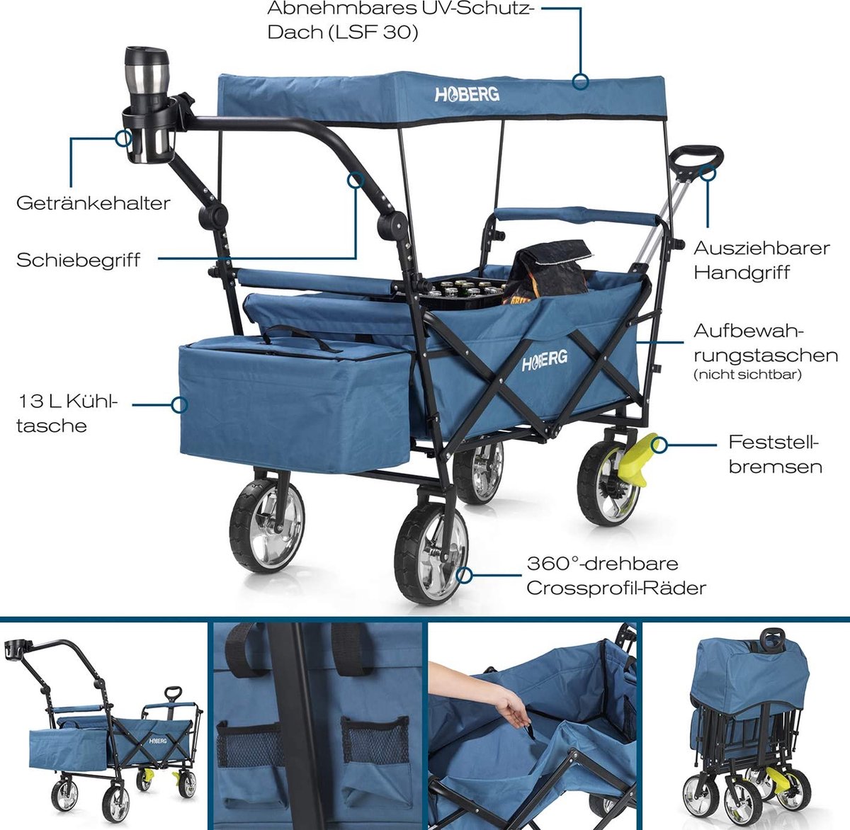 Hoberg Opvouwbare Premium Handkar incl. dak met UV-bescherming ...