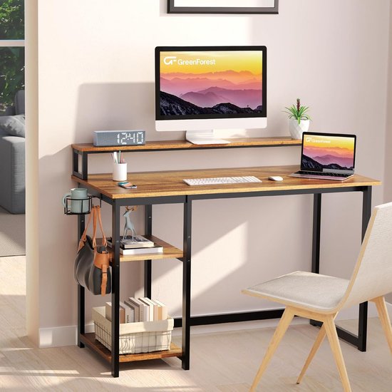 Computer Bureau met Monitorstandaard en Opbergplanken - Bruin 100cm | bol