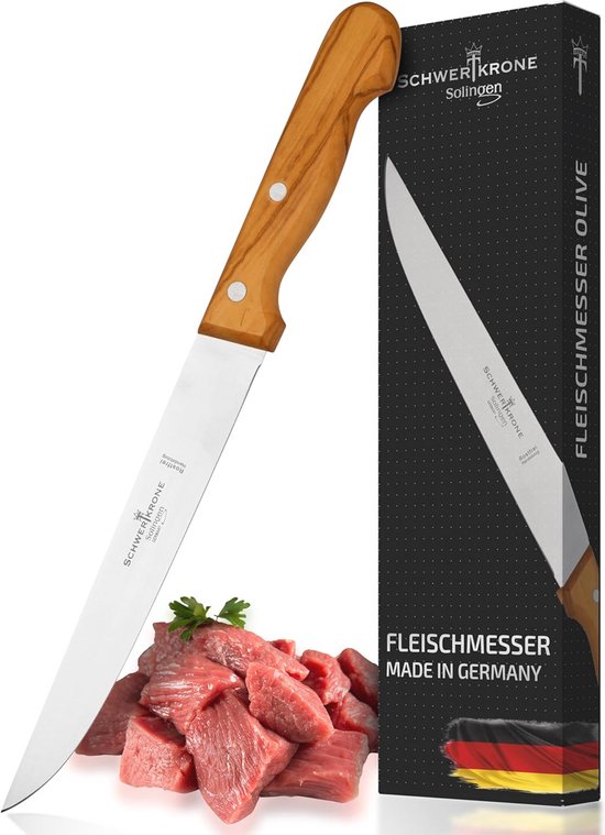 Premium vleesmes met olijfhouten handvat - 20 cm lemmet, scherp en ...