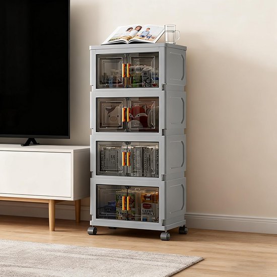 Stapelbare Opbergbox met Deksel en Wielen (4x15L) - Grijs - Inklapbare ...
