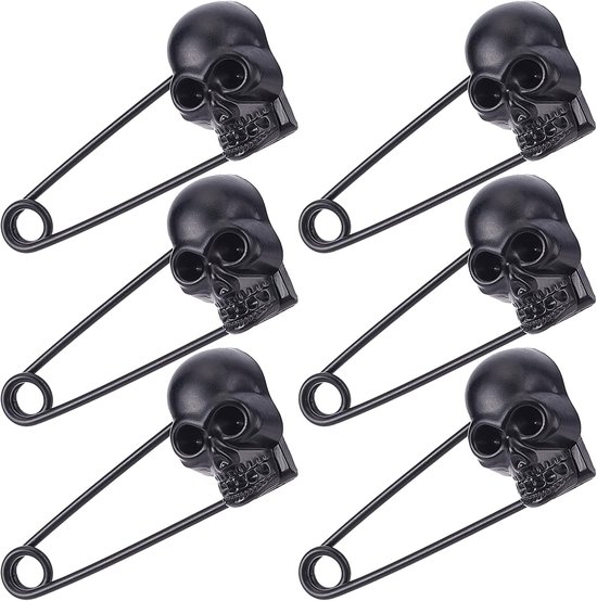 6Pcs Black Skull Head Safety Pins Brooches - Bulk Zinc Alloy Coiless ...