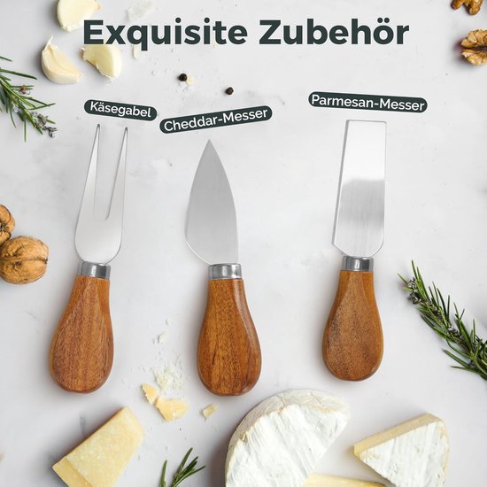 Famanu – Acaciahouten kaasplank met marmeren oppervlak en messen ...