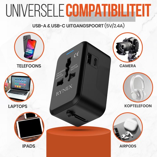 RYNEX Universele Wereldstekker- Reisstekker - USB stekker - USB-C en ...
