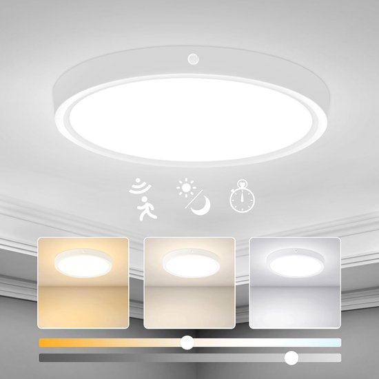 Ronde LED Plafondlamp met Bewegingsmelder 18W Traploos Instelbaar Licht ...