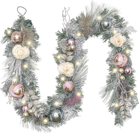 183 Cm Voorverlichte Kunst Kerstslinger Met Kerstballen En Witte Roos ...