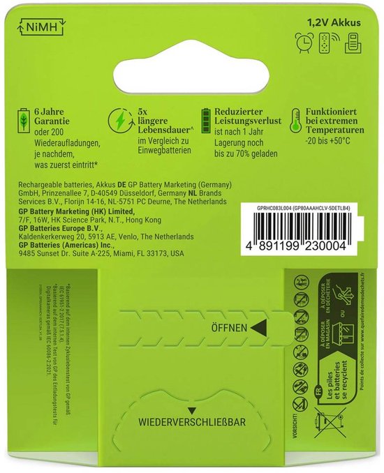 GP Recharge Oplaadbare AAA batterij (potlood) NiMH 800 mAh 1.2 V 4 stuk ...