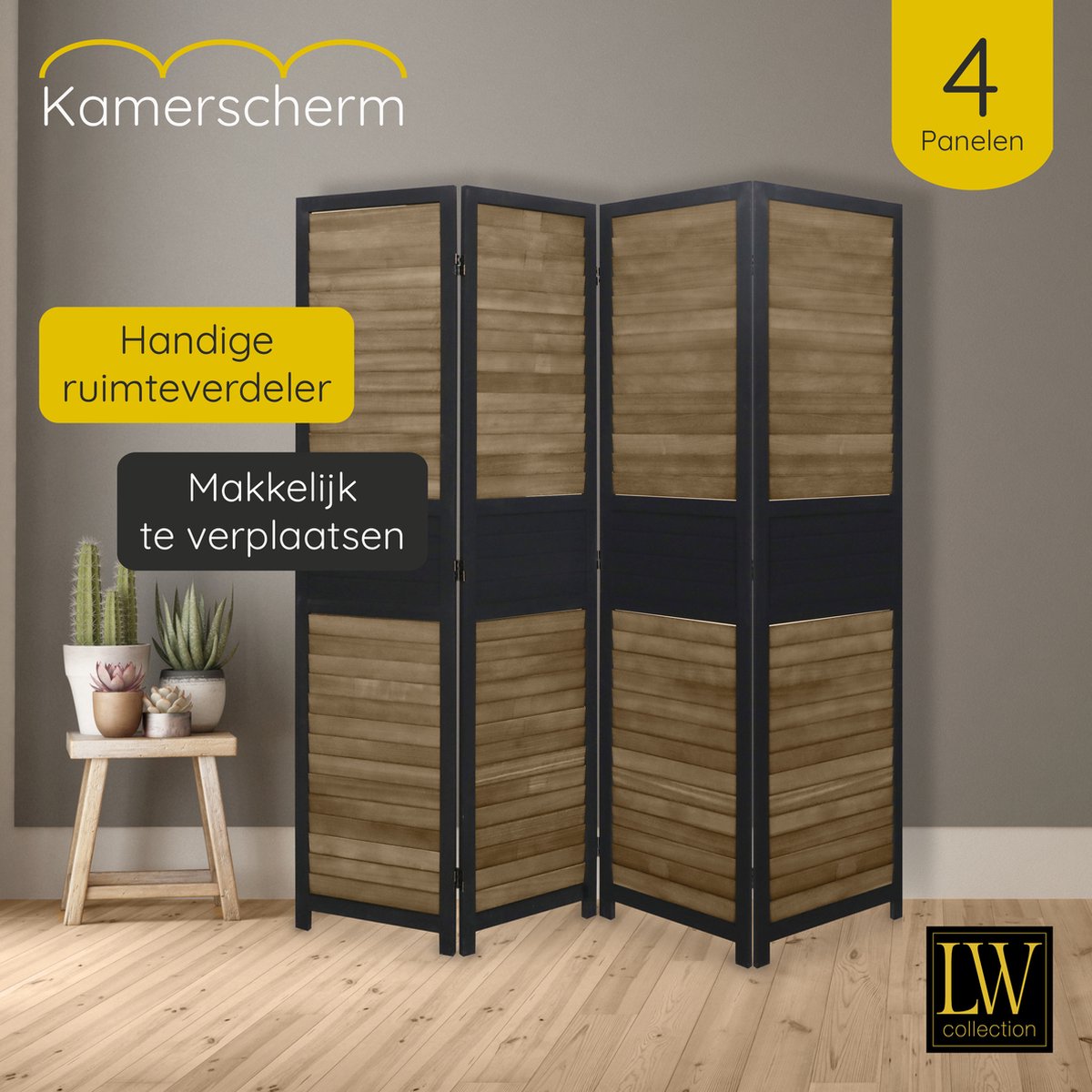 LW Collection Kamerscherm Zwart bruin Hout - kamerschermen 4 panelen ...