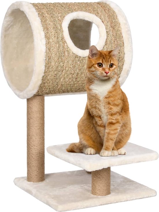 Decoways - Kattenmeubel met tunnel en krabpaal 69 cm zeegras | bol.com