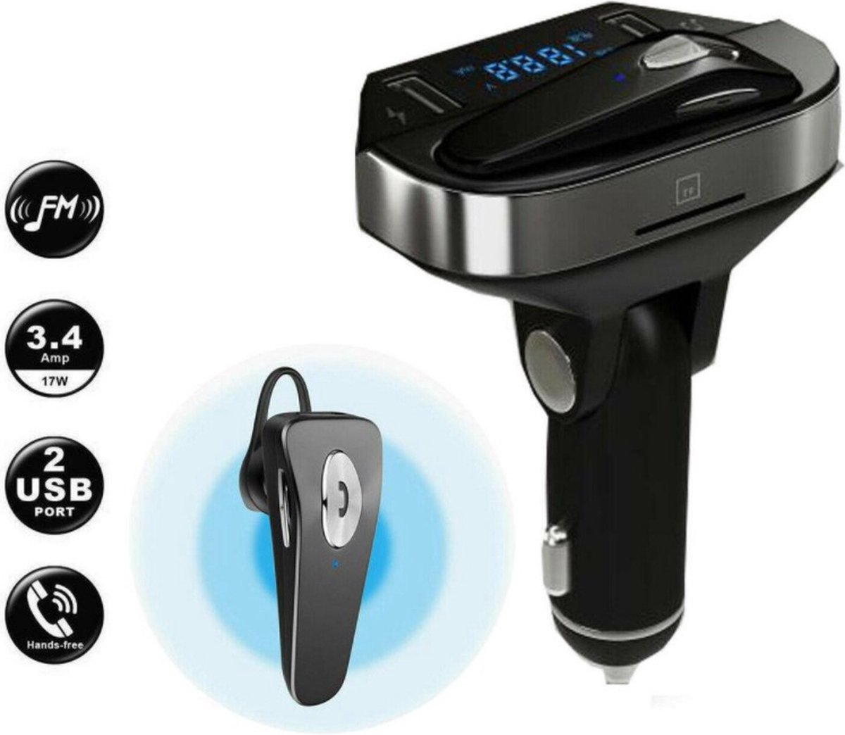 LuxeBass Draadloze FM Transmitter met Bluetooth Headset - Auto Carkit ...