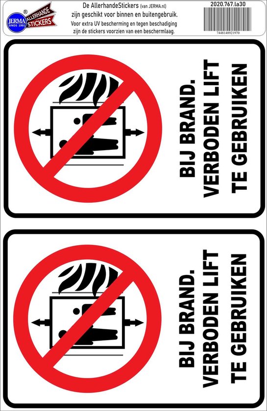 Bij brand verboden de lift te gebruiken sticker set. | bol