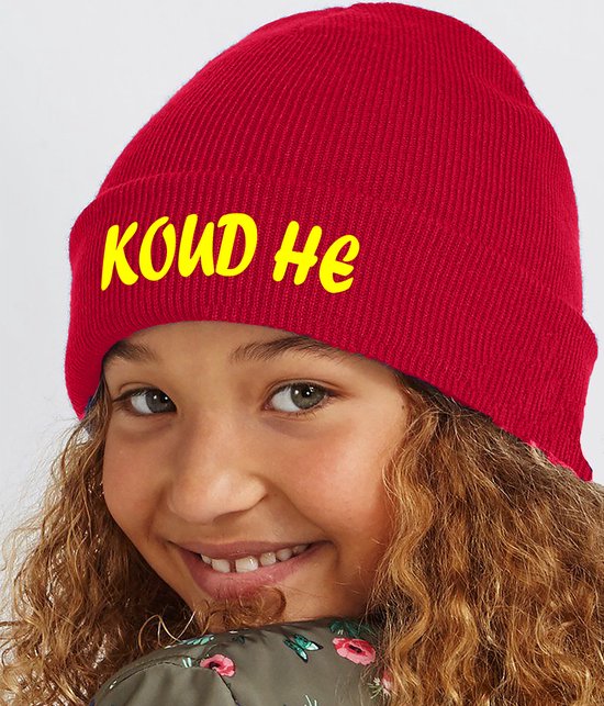 KOUD HE uniseks kinder muts - Rood met gele tekst - Beanie - One Size ...