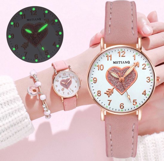 Horloge Quartz roze met hartje | bol