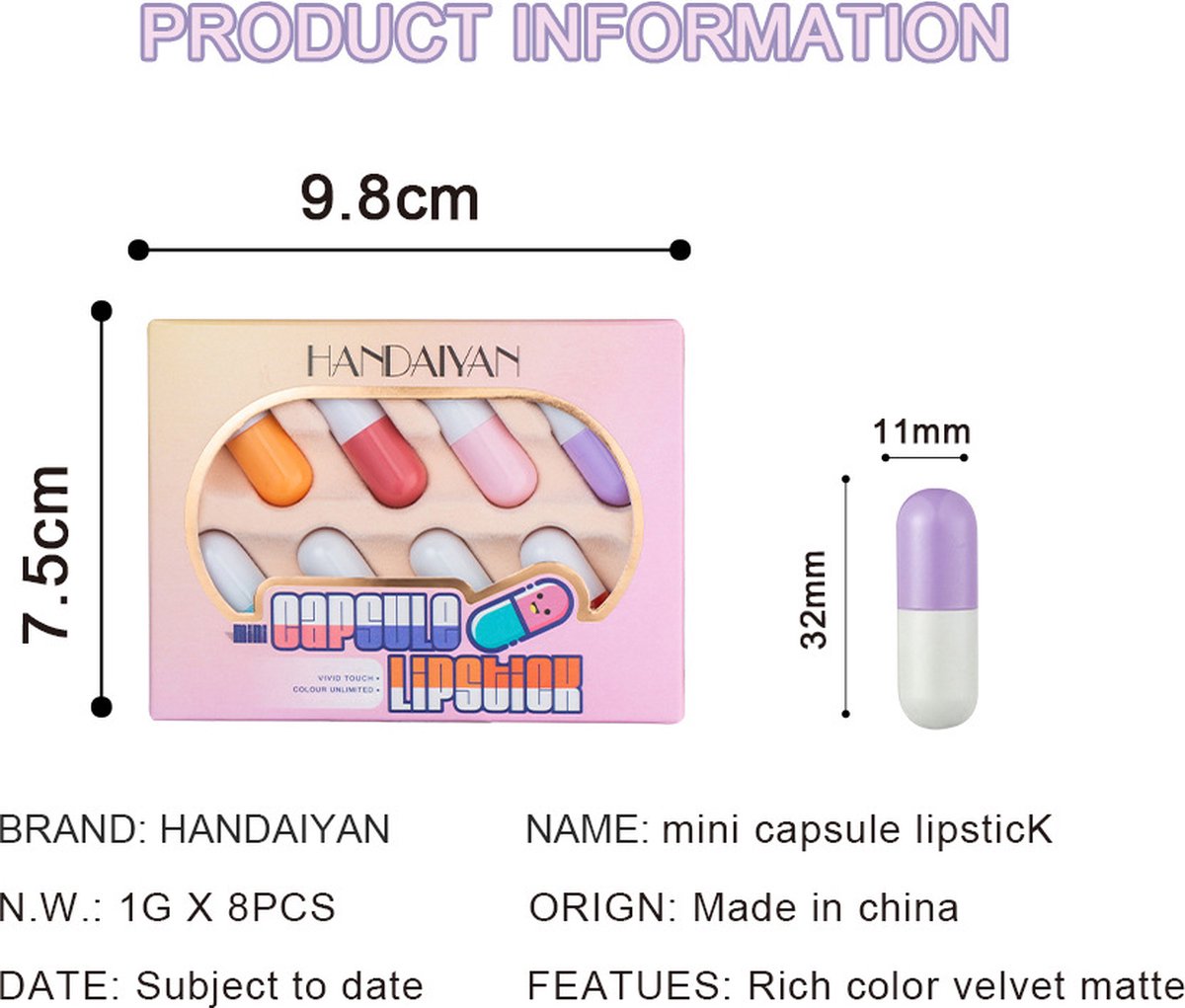 HANDAIYAN Mini Pil Lipgloss Capsule Lippenstift Lippenstift Voorbeeld 8 ...