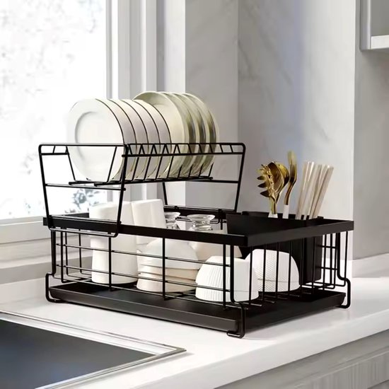 TuttoBello - Afdruiprek met Lekbak - Zwart - 2 Etages - Afwas Druiprek ...