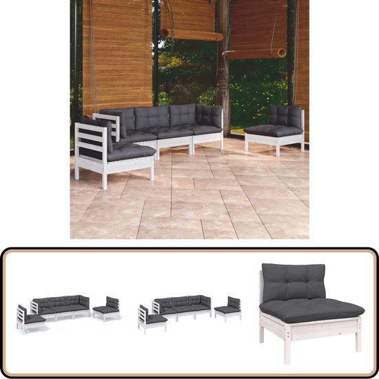 vidaXL Loungeset - 5-delig - Grenenhout - Wit Loungeset - Tuinset ...