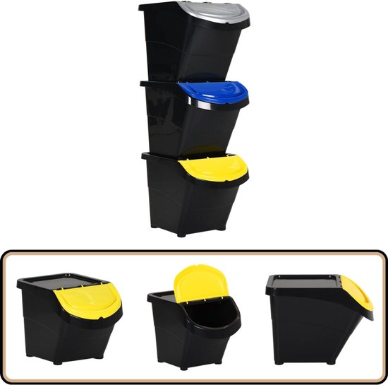 vidaXL Afvalbakken - Stapelbaar - 78L - Zwart - 3 Stuks Stapelbare ...