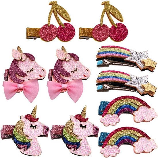 10 stuks glitter haarspeld set - regenboog, kersen, eenhoorn, glanzend ...