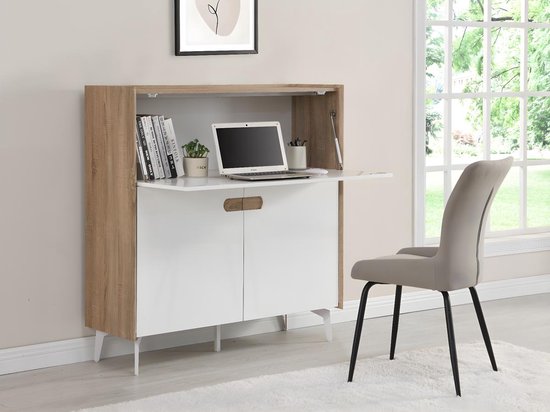 Bureaukast met 3 deuren - Mdf en metaal - Naturel en wit - DERELIS L ...