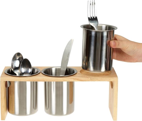 Bestekhouder, Roestvrijstalen Bestekorganizer met Houten Basis ...