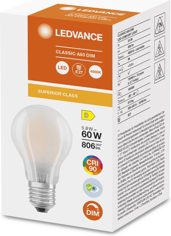 Ledvance Superior Classic LED E27 Peer Mat 5.8W 806lm - 940 Koel Wit ...