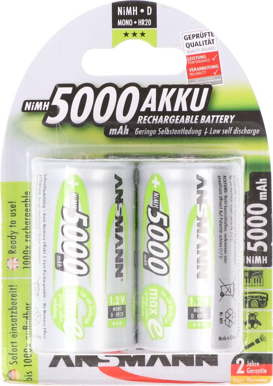 Ansmann NiMH batterij mono 5000mAh, blisterverpakking van 2 | bol