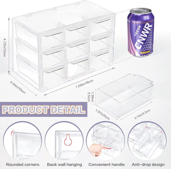 Bureau Opbergdoos met 9 Mini Lades, Transparante Ladekast voor op het ...