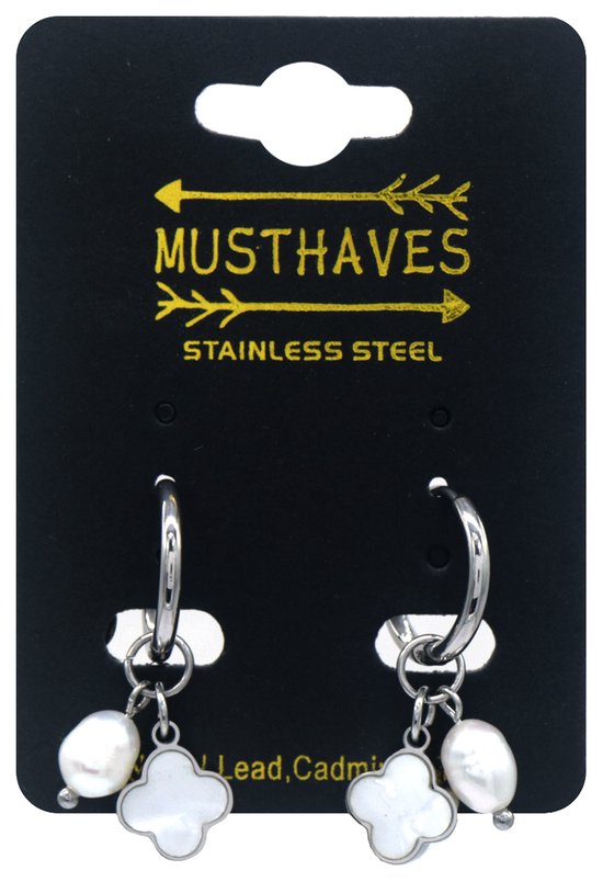 Oorbellen - Klaver en Parel - Oorringen - RVS - 2,8 cm - Zilverkleurig | bol